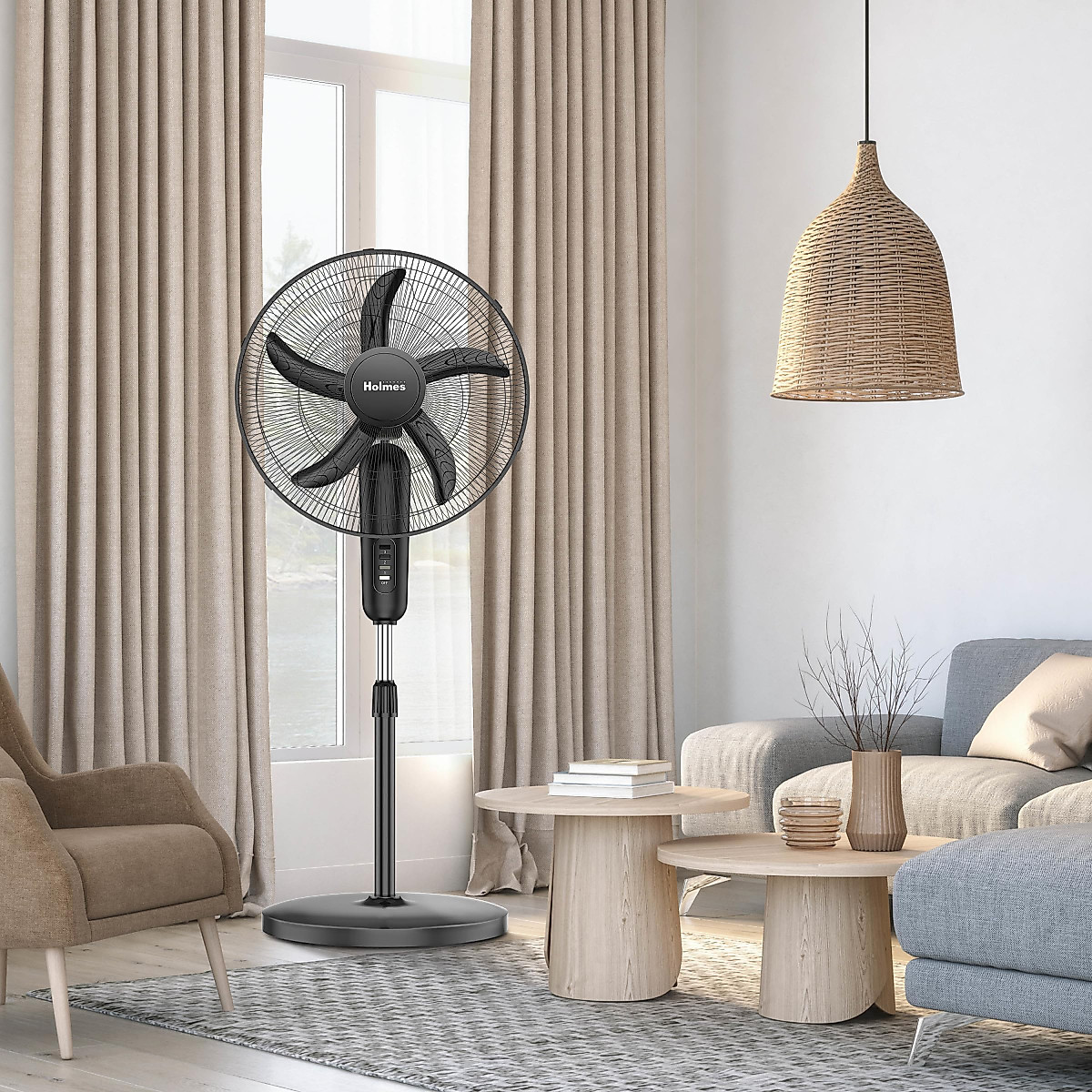 HOLMES 18" Stand Fan, 75° Oscillation, 3 Speeds, 5 Blades, Adjustable Height, 25° Head Tilt, Ideal for Home, Bedroom or Office, Black