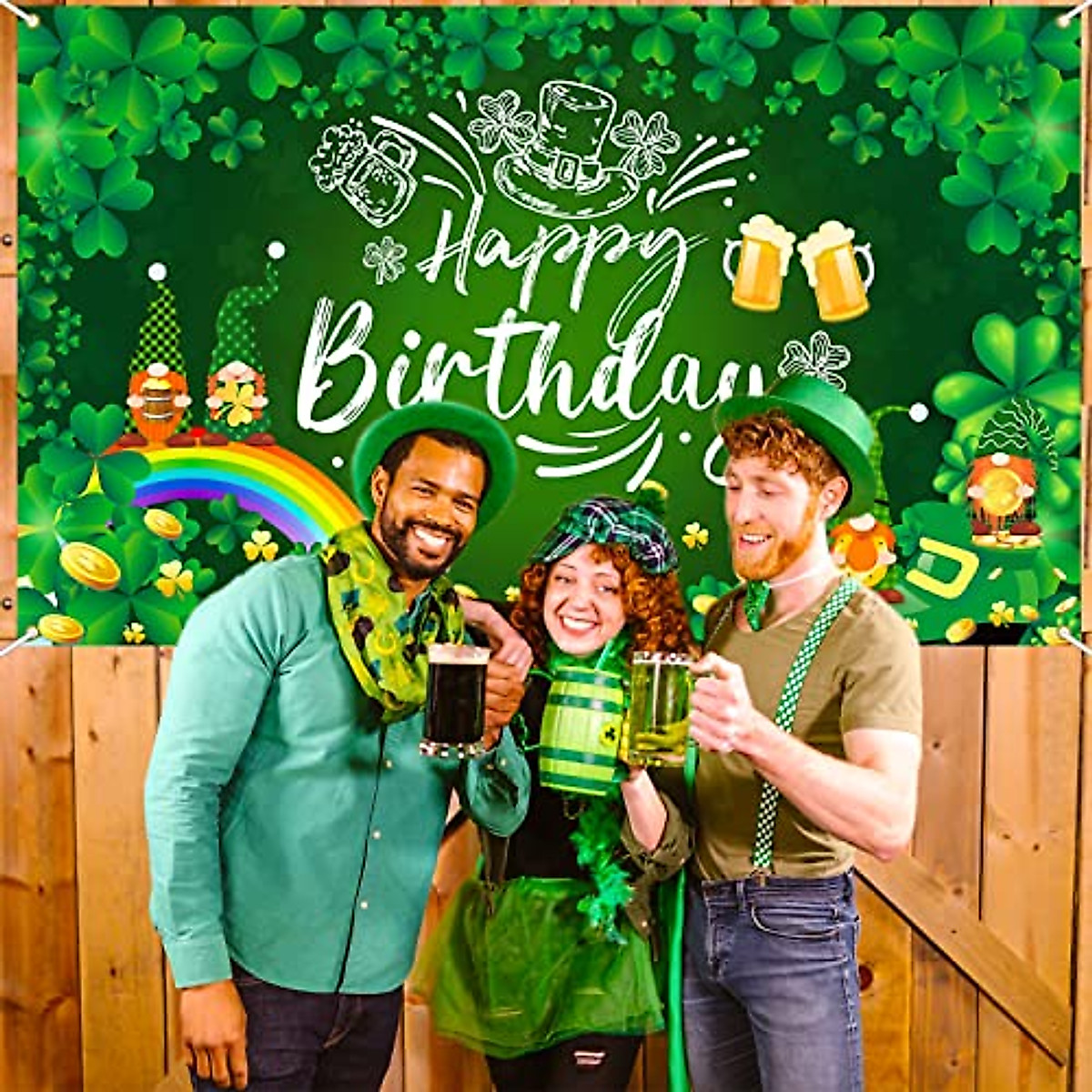 Ushinemi St Patricks Day Birthday Decorations, St. Patrick's Day Happy Birthday Backdrop Banner, Lucky Clover Shamrock Gnome Birthday Party Background 6 x 3.6 ft
