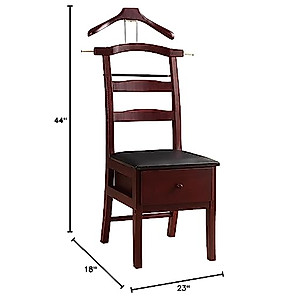 Proman Products Manchester Chair Valet VL36142 with Drawer, Hanger, Trouser Bar and Tie & Belt Bar, 18" W x 23" D x 44" H, Mahogany Finish