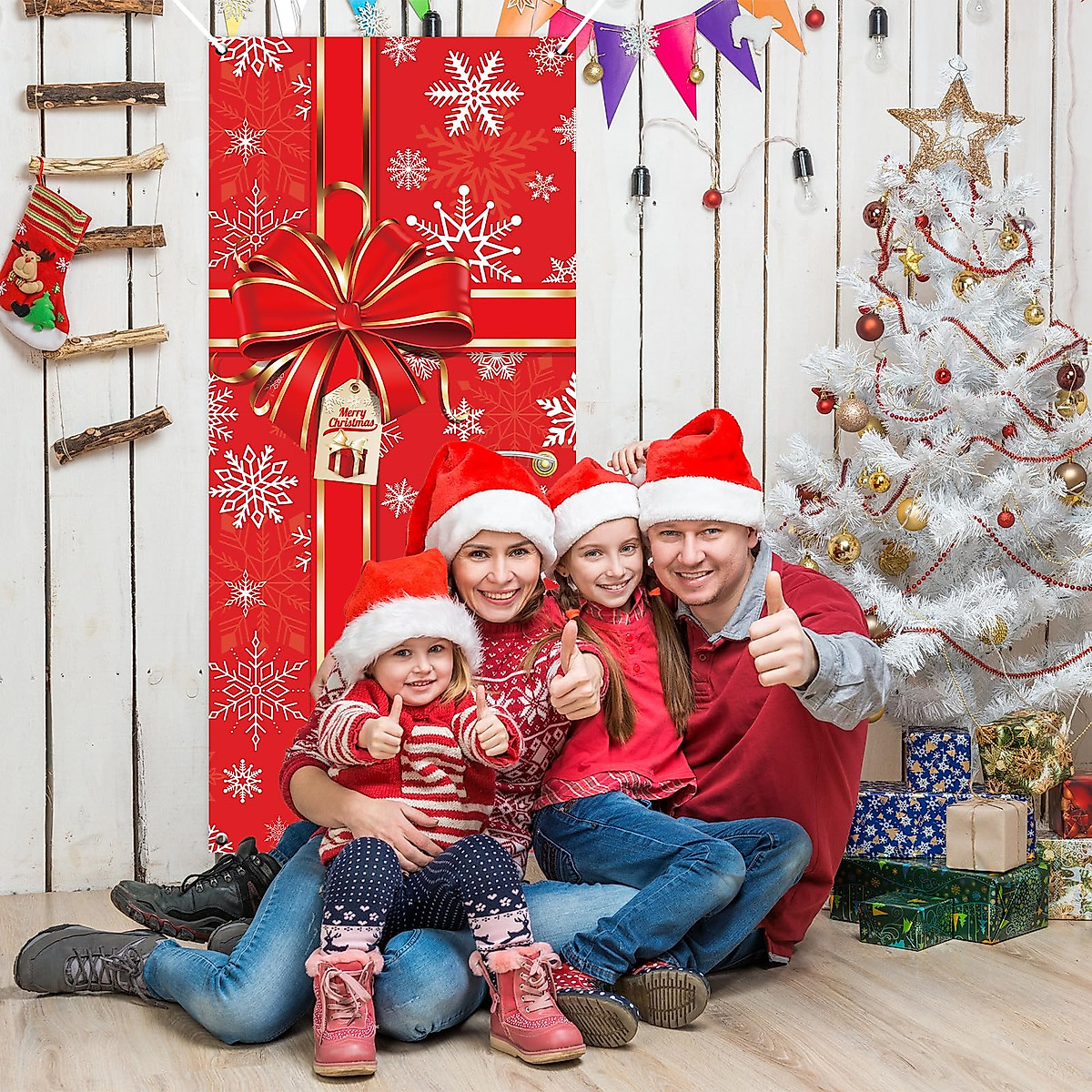 Christmas Door banner Christmas Snowflake Photography Backdrop Christmas Bowknot Gift Box Door Hanging Banner Sign Merry Christmas Decoration for Home Wall Outdoor Indoor Party Holiday Xmas Eve…
