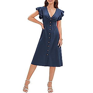 LAOCERENCE Womens Tea Party Elegant Midi Dress Ruffle Sleeves V Neck Slim Fit Tie Waist A line Dresses Summer Vocation Navy
