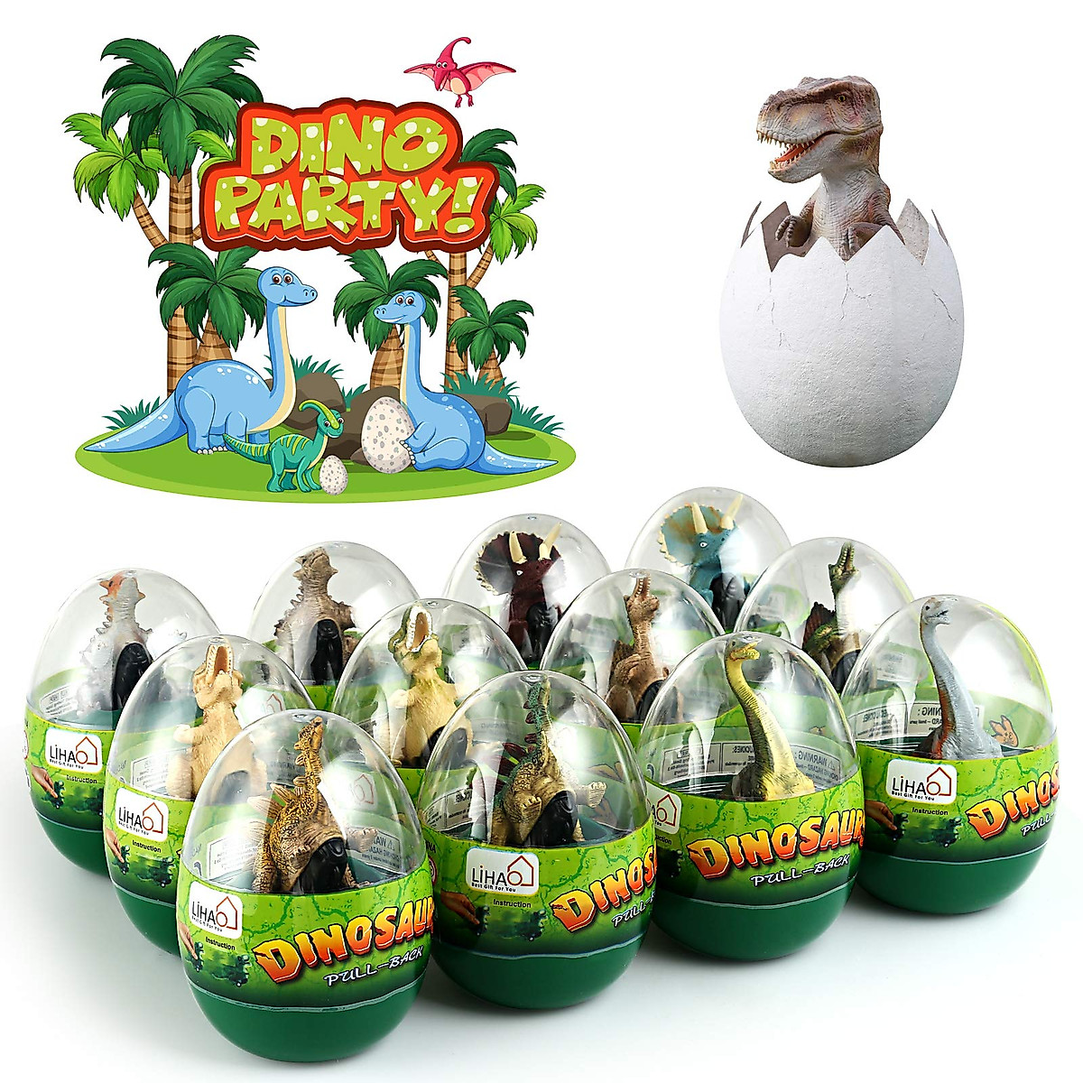 LIHAO 12 Pack Dinosaur Pull Back Cars with Jumbo Eggs, Filled Easter Eggs with Toy Inside for Easter Basket Stuffers, Party Favors, Egg Hunt Dinosaur Birthday Party Favors Supplies