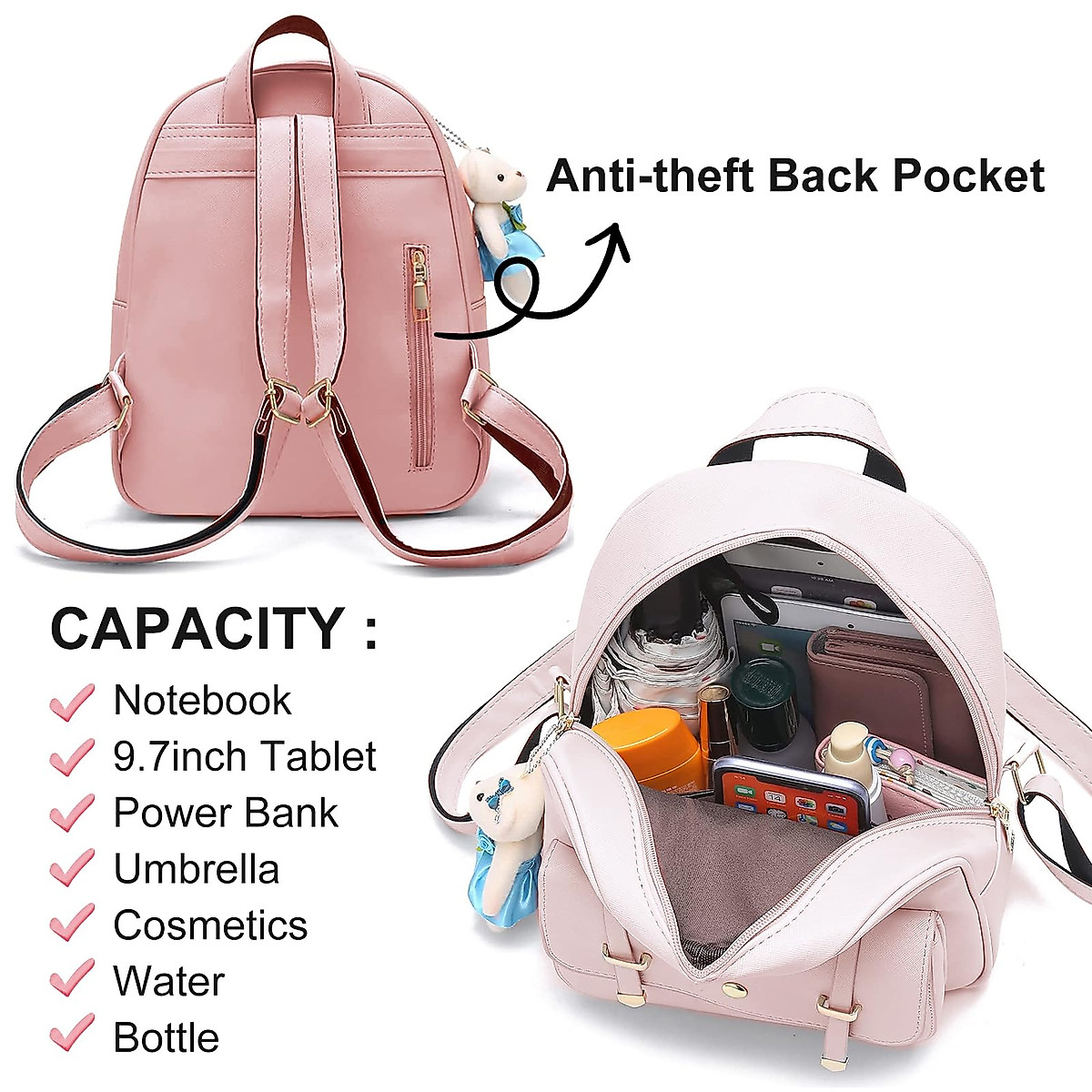 Barsine Girl Mini Backpack Set Cute Leather Small Backpack for Teen Girls Bookbag Purse, Pink