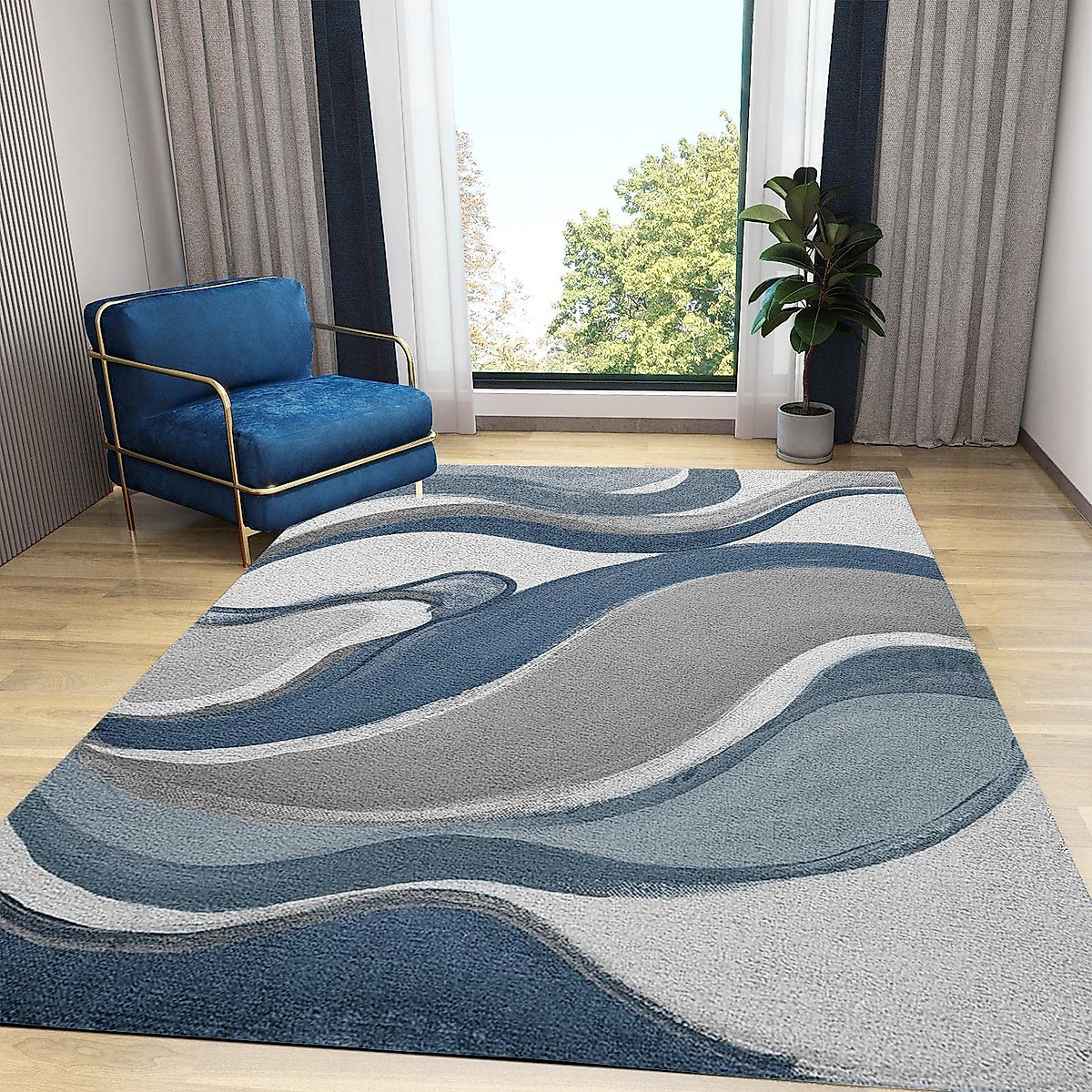 Blue Abstract Area Rug, Modern Geometry Area Carpet, Anti-Skid Rectangle Accent Rugs for Living Dinning Room Bedroom Kitchen Minimalist Home Floor Rugs 3x4ft