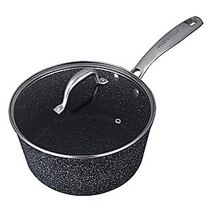MasterPan Granite Ultra Non-Stick Cast Aluminum Sauce Pan with Glass Lid, 7", Black