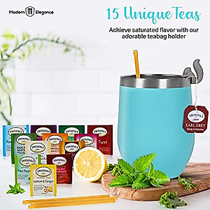 Tea Gift Sets for Tea Lovers Women and Men | Tea Gifts | Tea Gift Set | Tea Sets for Women | Stainless Steel Tumbler | 15 Unique Teas | 10 Honey Straws | Gift Box Tea Set (Teal)