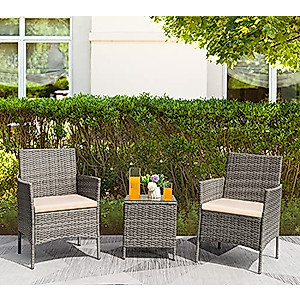 Greesum 3 Pieces Patio Furniture PE Rattan Wicker Chair Conversation Set, Gray and Beige