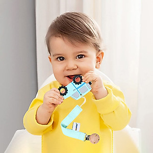 Baby Food Grade Silicone Teether Toy with Pacifier clip Holder,Teething Pain Relief Toys Gift Set for 3 Months+ Boys and Girls,Freezer Safe,BPA Free (Blue Car)