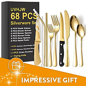 68-piece Gold Silverware Set with Steak Knife, Service for 8, Stainless Steel flatware Cutlery Set with Metal Straw Drinking Set, Mirror Polished Fork Spoon Knife Set Eating Utensils Tableware