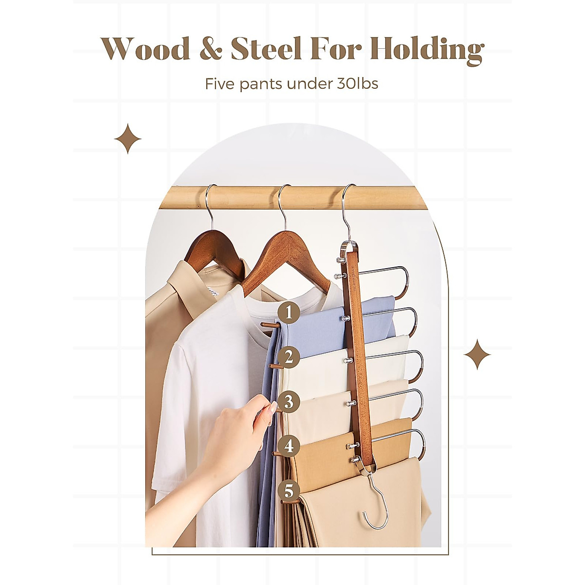 SMARTOR Pants Hangers Space Saving - 3 Pack Wood Jean Hangers for Closet Organizer - Jean Hangers Trouser Holder Closet Space Saving Hangers - Pants Organizer Hanger Space Saver Closet Organization