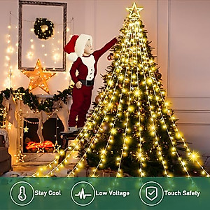 XURISEN Outdoor Christmas Decorations Star Light,11.8 ft 337 LED Waterfall Tree Lights with Topper Star String Lights Plug in, 8 Modes Christmas Lights for Party Home Holiday Decor(Warm White)