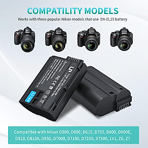 EN-EL15 Battery Pack, LP 2-Pack EN-EL15 EN EL15a Rechargable Li-ion Replacement Battery Compatible with Nikon D7500, D7200, D7100, D7000, D850, D750, D500, D810a, D810, D800e, D800, D610, D600 & More
