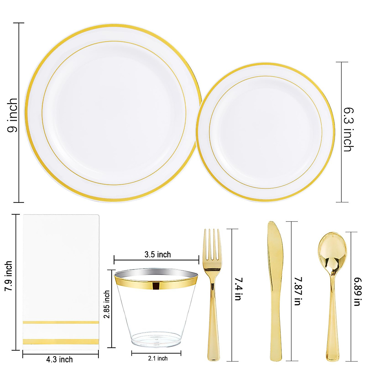 GATHER 350pcs Gold Plastic Plates - Disposable Plastic Dinnerware Set Include 50 Gold Dinner Plates, 50 Gold Salad Plates, 150 Silverware, 50 Napkins, 50 Cups Perfect for Party & Wedding