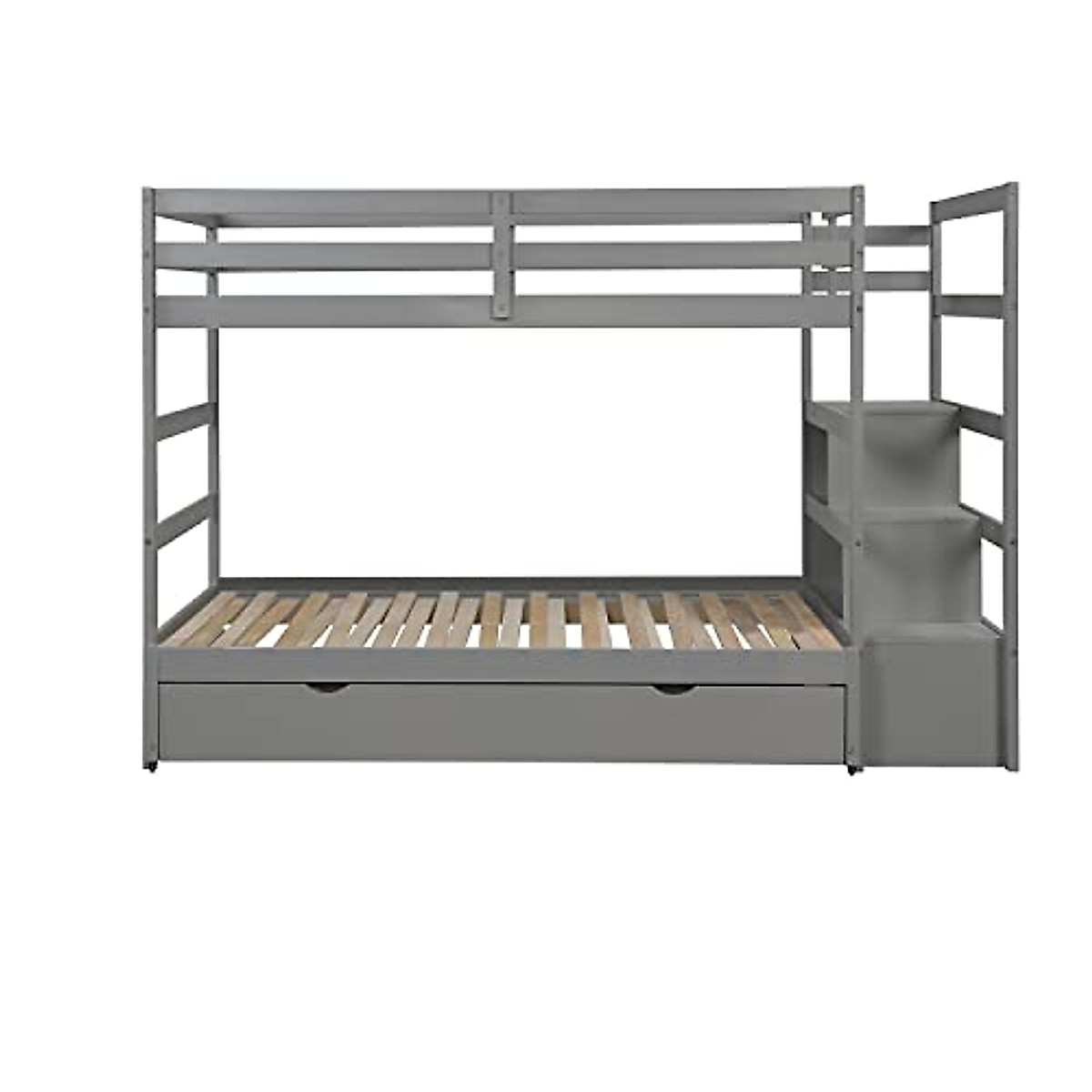 Twin Over Twin/King Bunk Beds with Trundle, New Version Wooden Bunk Beds with Storage Drawers and Stairs, Extendable Pull-Out Bunk Bed, Convertible to Twin Over King Bunk Beds (New, Grey)