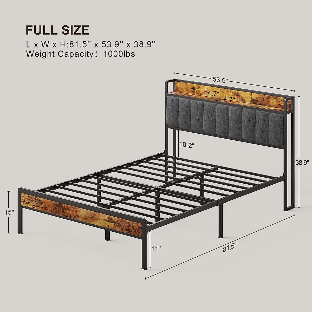 Gizoon Full Platform Bed Frame, Metal Bed Frame with Storage Headboard, Sturdy and Stable, Noise Free, No Box Spring Needed, Easy Assembly