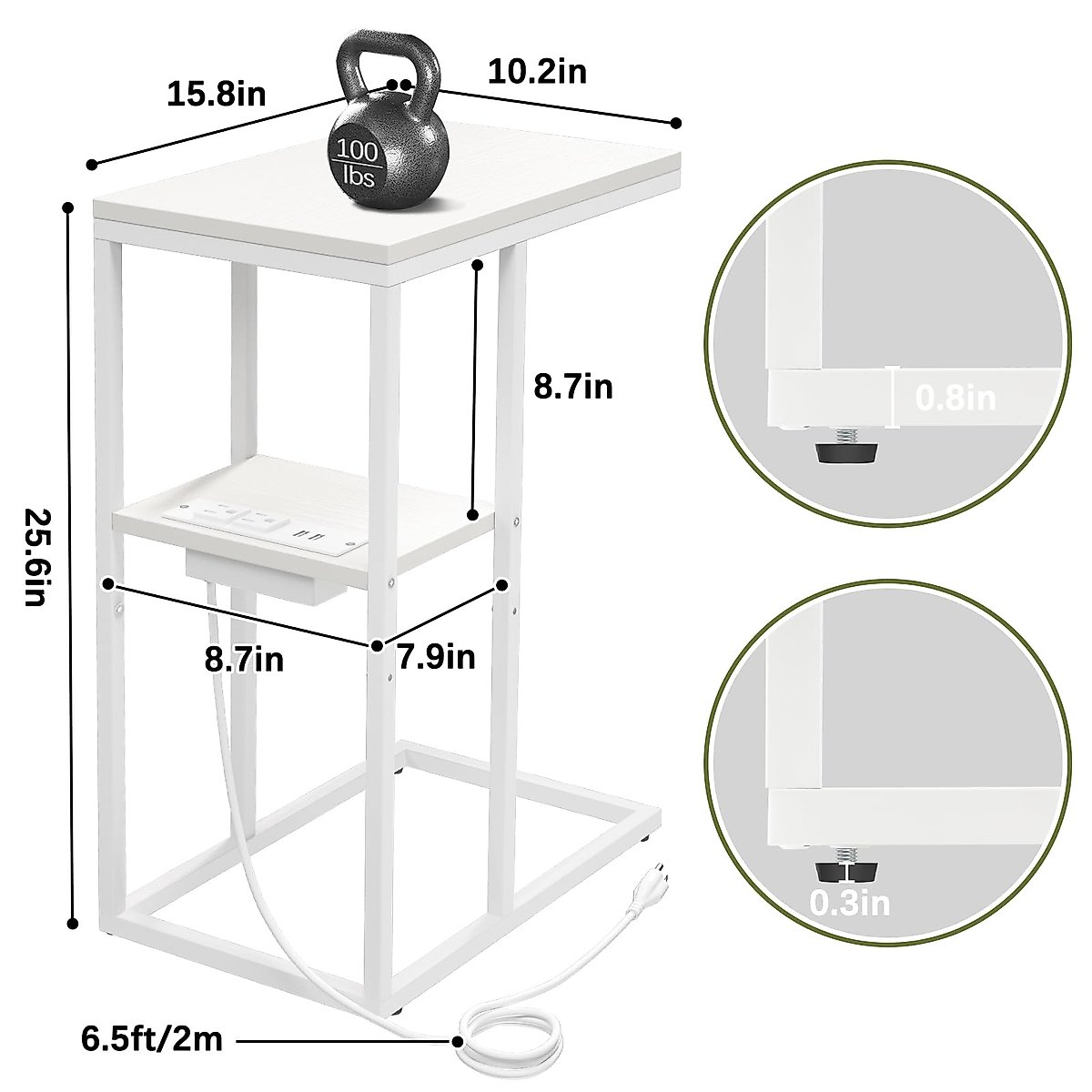 Yoobure C Shaped End Table with Charging Station, Small Side Tables for Living Room Bedroom, Sofa Table with USB Ports and Outlets for Small Spaces, Couch Table Rustic Snack Table Bed Side Table