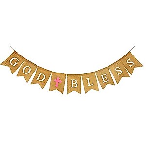 Shimmer Anna Shine Burlap God Bless Banner for Baby Girl Boy Baptism Decorations Christening First Communion Confirmation Baby Shower Wedding Birthday Party Photo Props (Pink)