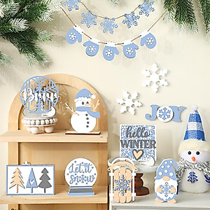 FairySandy 20 Pcs Tiered Tray Decor Snowflake Snowman Gnome Wooden Signs Winter Wonderland Table Centerpieces Rustic Farmhouse Tabletop Sign Decor for Party Home Christmas Holiday