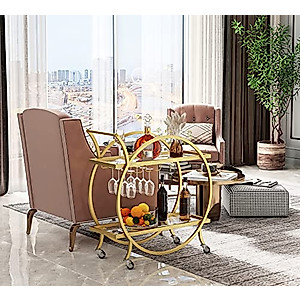 SMARTISBEAUTY Gold Bar Cart, 2-Tier Rolling Mobile Home Bar and Serving Beverage Carts with Glass Holdler, Modern Metal Wine Cart with Lockable Wheels 28" W x 14" D x 31”H