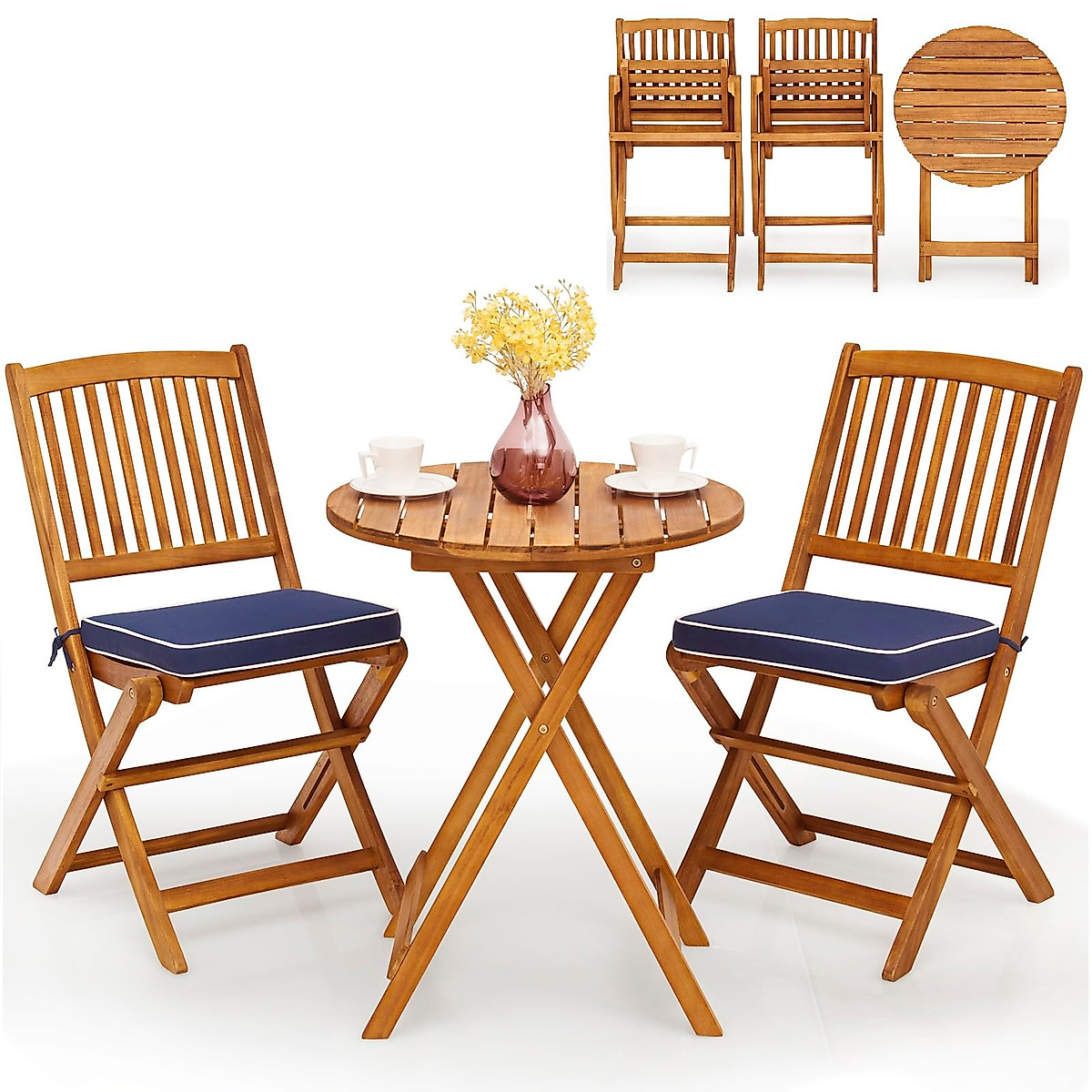 S AFSTAR Outdoor Bistro Table and Chairs Set of 2, Acacia Wood Folding Bistro Table Chairs Set W/Round Coffee Table & Padded Cushion, Small Bistro Table Set for 2 Outdoor Porch Patio Poolside (Navy)