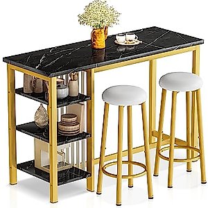 AWQM Home Bar Table Set of 2 with Storage Shelves, 47" Black Faux Marble Dining Set with Upholstered Leather Bar Height Stools, 3-Piece Kitchen Table for 2 People, Space Saving Table (Black & Gold)