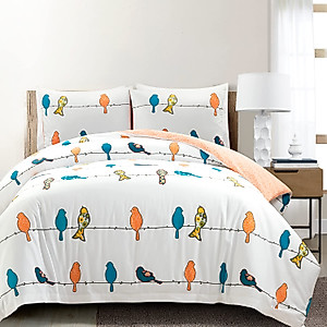 Lush Decor Rowley Birds Reversible Cotton Duvet Cover Set, 3 Piece Set, King, Multi - Colorful Bird Bedding Set - Whimsical & Playful Floral Bird Duvet - Boho & Farmhouse Home Decor