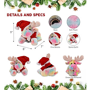DolliBu Santa Rainbow Floppy Moose Stuffed Animal Plush Toy - Super Soft Dress Up with Red Santa Claus Outfit, Cute Moose Gift Perfect Holiday with Name Personalization - 9 Inches