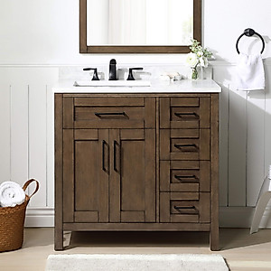 OVE Decors Maya Plus 36 in. Single Sink Bathroom Vanity in Almond Latte Finish, Black Hardware and Included Power Bar