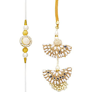 HATHKAAM Rakhi Lumba Set Designer Rakhi with Kundan Lumba for Brother Bhabhi Traditional Handmade Rakhi Lumba Set for Bhai Bhabhi Lumba Rakhi Set for Bhaiya Bhabhi Gift for Rakhsha Bandhan (HKRL017A)