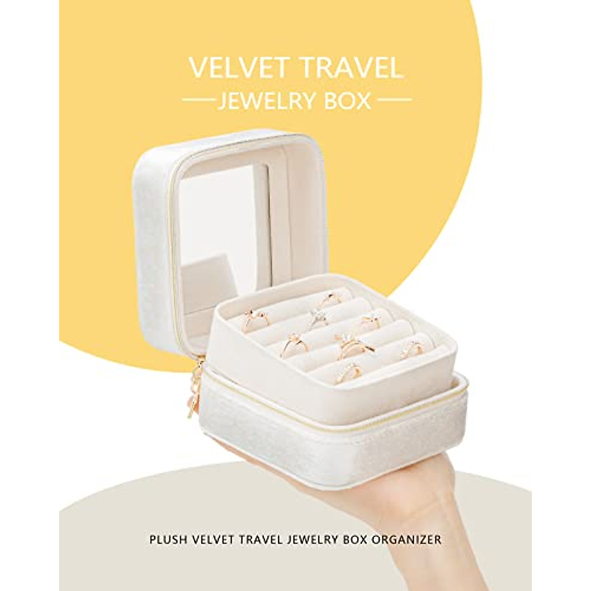 V-LAFUYLIFE Travel Velvet Jewelry Box, Mini Portable Jewelry Case, Gifts Boxes for Women Girls, Small Earring Organizer Boxes with Mirror for Rings Earrings (White)