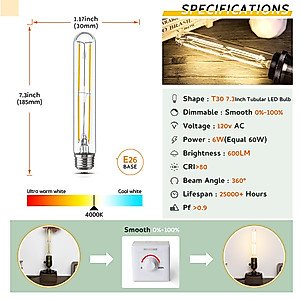 Sphoon Tubular Light Bulb 7.3 Inch Dimmable T10 LED Bulb (4Pack 4000K, 4Pack 4000K)