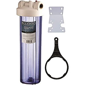 Bluonics 4.5 x 20-inch Whole House Clear Water Filter Housing with 1" US NPT Brass Ports for Standard Size 4.5 x 20 Cartridge - Complete with Wrench, Bracket and Screws