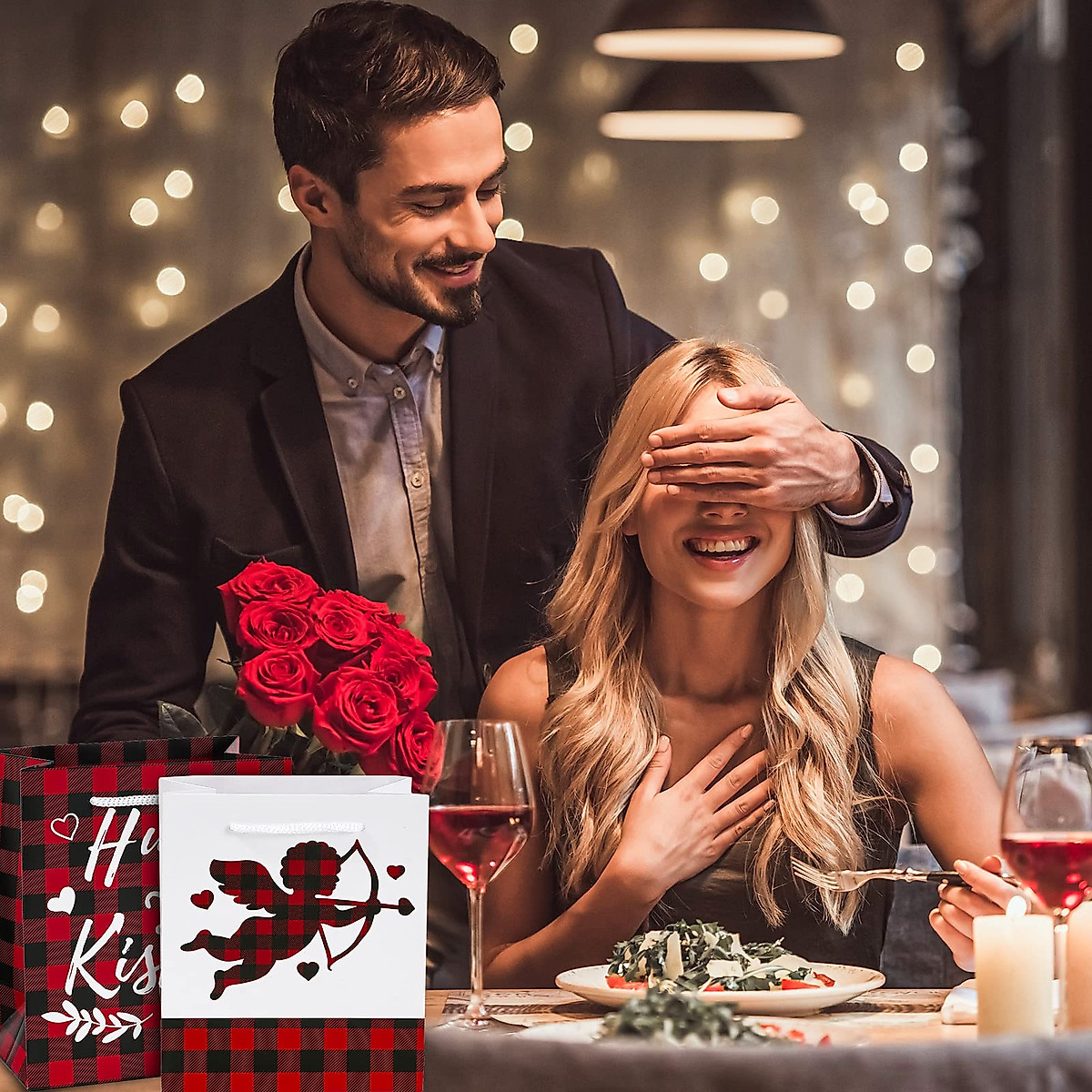 Whaline 12Pcs Valentine's Day Paper Gift Bags with Handle Red Black Buffalo Plaids Candy Goodie Bag Love Heart Truck Cupid Pattern Treat Bags Party Favor Bag for Wedding Engagement Wrapping Supplies