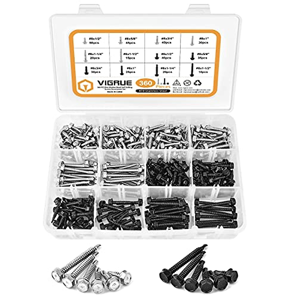VIGRUE 410 Stainless Steel 360 Pieces Self Tapping TEK Screw Assortment, #8 Hex Washer Head Self Drilling Screws Full Thread Sheet Screw Kit for Metal