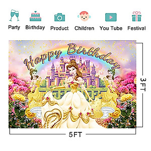 Princess Belle Backdrop for Birthday Party Supplies 5x3ft Beauty and The Beast Photo Backgrounds Belle Theme Baby Shower Banner for Birthday Cake Table Decoration