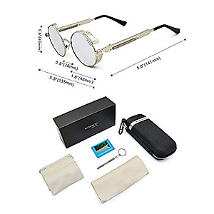RONSOU Steampunk Style Round Vintage Polarized Sunglasses Retro Eyewear UV400 Protection Matel Frame Silver Frame Silver Lens