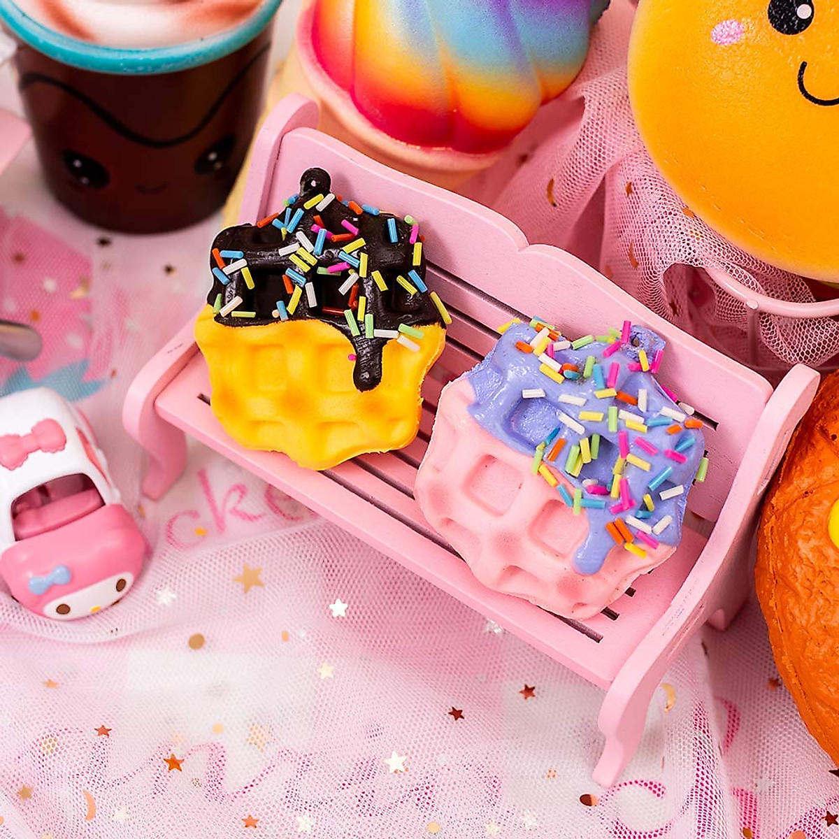 SYYISA Jumbo Squishies Slow Rising [7-Pack]: Cake, Ice Cream, Bread, Chocolate Cookie, Chocolate Frappuccino, and Waffles Kawaii Soft Food Squishy Toys - Squishys are Great Sensory Toys for Kids!