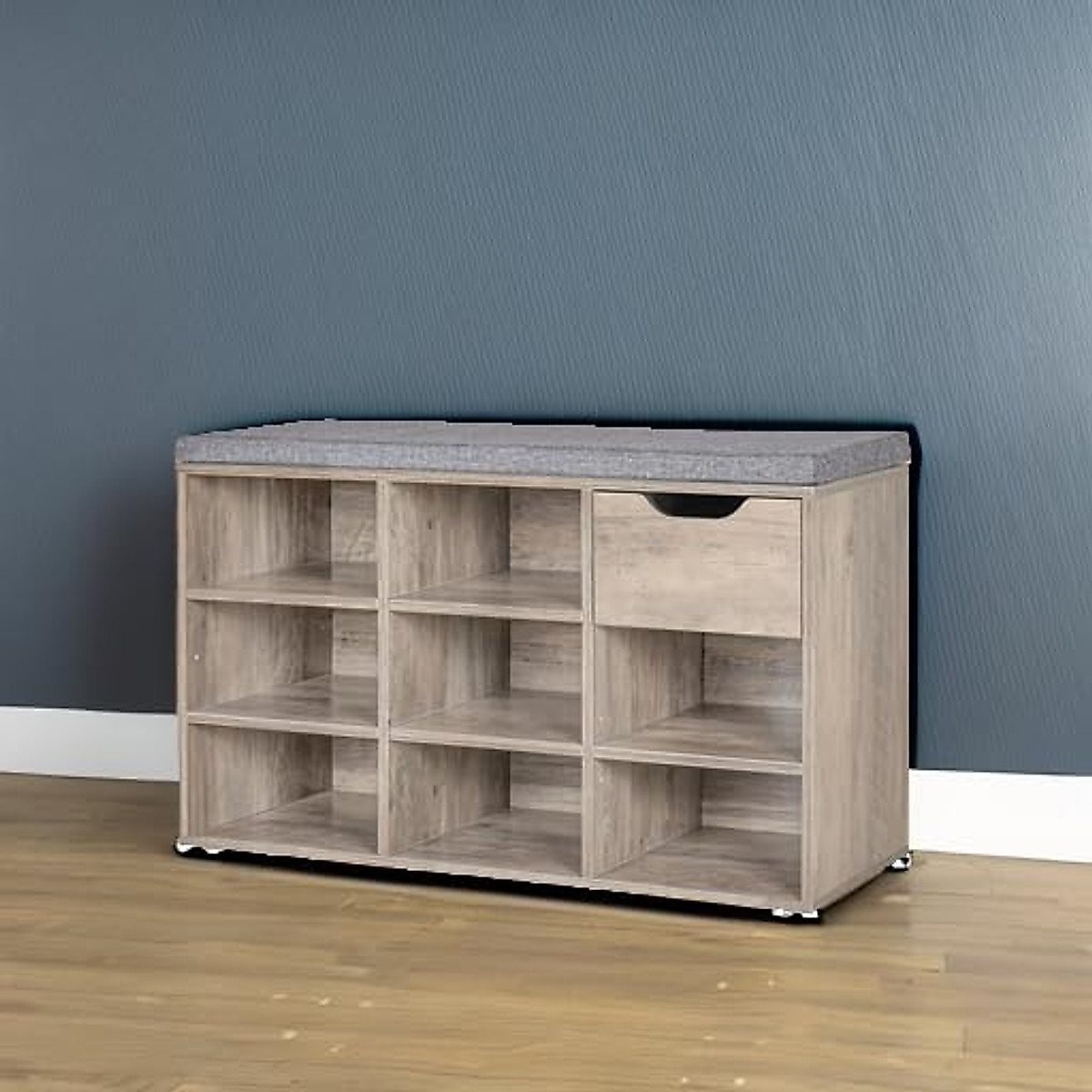 DINZI LVJ Shoe Bench,Entryway Storage Bench with Drawer and 8 Cubbies,Cubby Rack Adjustable Shelves,Shoe Organizer Cabinet for Living Room,Bedroom,Mudroom,Closet Garage,Greige (M04XD01XY01-1)