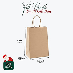 Paper Gift Bags 5.25x3.75x8" 50Pcs, Metronic Christmas Gift Wrap Bags with Handles, Brown Kraft Paper Bags for Small Business, Heavy Duty Bulk Paper Bags for Birthday Party Favors, Shopping, Retail, Merchandise
