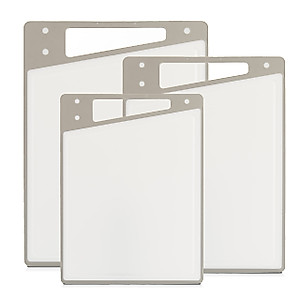 JoyJolt Plastic Cutting Board Set. White and Grey Cutting Boards for Kitchen Dishwasher Safe with Handle. Non Slip Large and Small Chopping Board Set; Meat Cutting Board with Juice Groove.