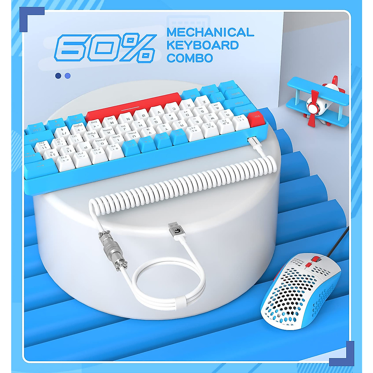 LexonElec T60PRO 60% Mechanical Keyboard and Mouse Combo+Coiled USB C Cable, Compact RGB LED Backlit Keyboard, Linear Red Switch, 6400 DPI Programmable RGB Mouse for PC Mac Gamer(Blue&White)