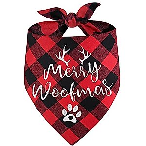 Yoochee Christmas Dog Bandana, Classic Plaid Embroidered Pet Bandana, Holiday Cotton Washable Dog Triangle Bibs Scarf, Pet Costume Accessories for Small Medium Large Dogs Cats Pets (Large, Red)