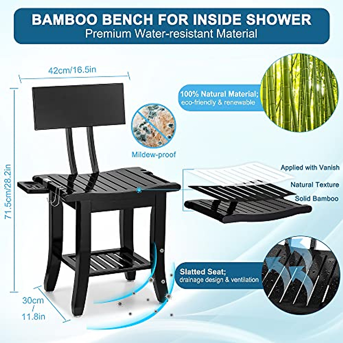 ETECHMART Bamboo Shower Bench with Back and Soap Dish, 2-Tier Shower Chair Bath Seat with Handle for Bathroom Bathtub Elderly Disabled, Waterproof Wood Spa Stool for Inside Shower Shaving, Espresso