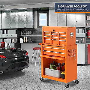 Eco Home 8-Drawer High Capacity Rolling Tool Box, Removable Cabinet Storage Tool Chest with Wheels and Drawers, Detachable Toolbox with Lock for Workshop Mechanics Garagee (Orange)