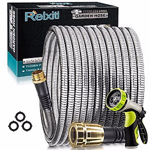 Relxitl Garden Hose 100ft - Stainless Steel Garden Hose Metal, Flexible Water Hose with Sprayer for Yard - Never Kink & Tangle, Durable and Leak Proof Heavy Duty for Outdoor Use