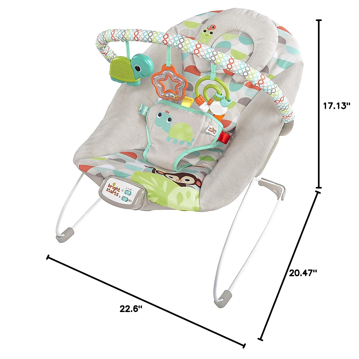 Bright Starts Happy Safari Vibrating Baby Bouncer Seat with 3-Point Harness and-Toy Bar, Age 0-6 Months