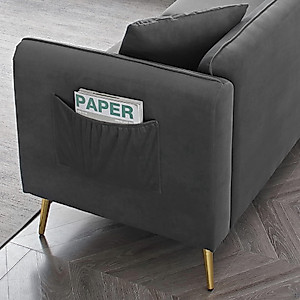 HABITRIO 59" Solid Wood Frame Grey Velvet Upholstered Chesterfield Design Loveseat Sofa Couch with 2 Pillows, Gold Metal Leg, Removable Cushion, Left Side Pocket, Fit for Living Room, Bedroom