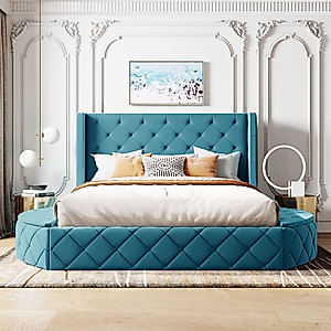 Velvet Queen Storage Bed Frame, Deluxe Upholstered Platform Bed with Wingback Headboard and 1 Big Drawer, 2 Side Storage Stool, No Box Spring Needed/ Easy Assembly (Queen Size, Blue)