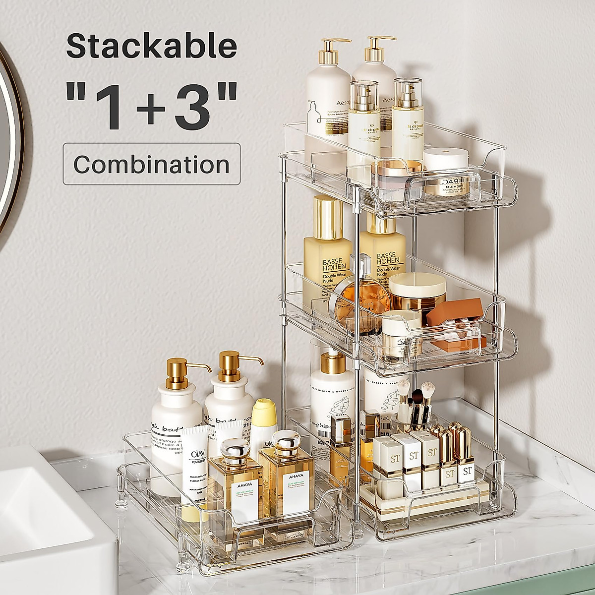 2 Packs 2-Tier Bathroom Counter Organizer, Pull-Out Skincare Perfume Make up Organizers for Vanity Countertop Tray with 4 Removable Dividers, Transparent Bathroom Organizers and Storage for Cabinet