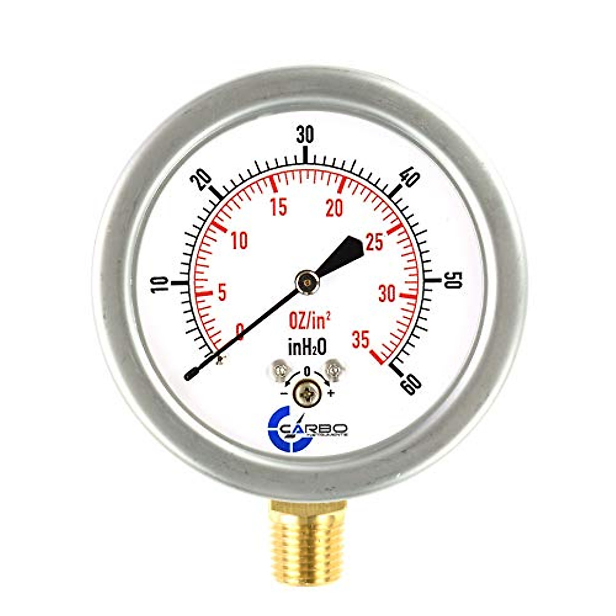 CARBO Instruments Diaphragm Low Pressure Capsule Gauge, 2-1/2" Dial, 0-35 oz/0-60in H2O Range, 1/4" NPT Lower Mount, Stainless Steel Case, Brass Internals, Adjustable, Dual Scale 35 oz/60 inH2O (IWC)